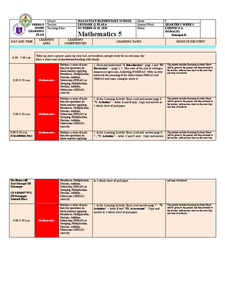 MATH 5 Q1 Week 3 (WHLP) October 19-23 | PDF | Multiplication | Teaching ...