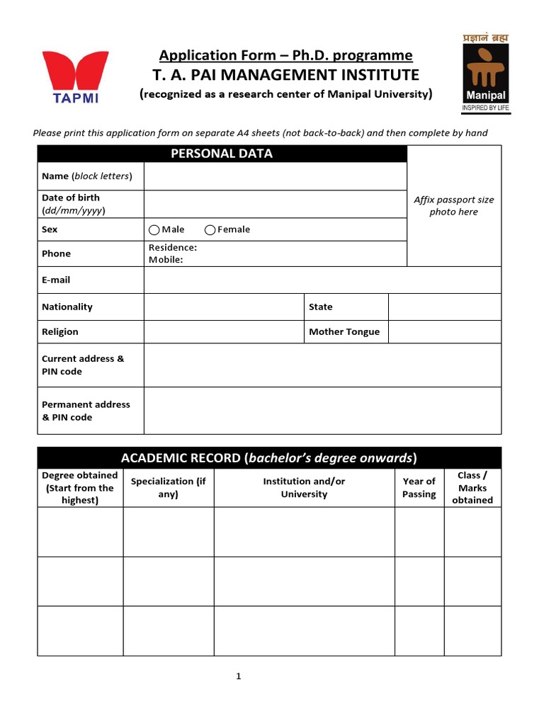TAPMI PHD Application | PDF | Academic Degree | Business