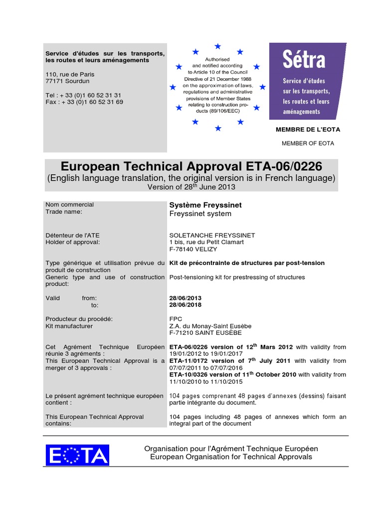 Eta 06-0226 Freyssinet Post-Tensioning System | PDF | Prestressed ...