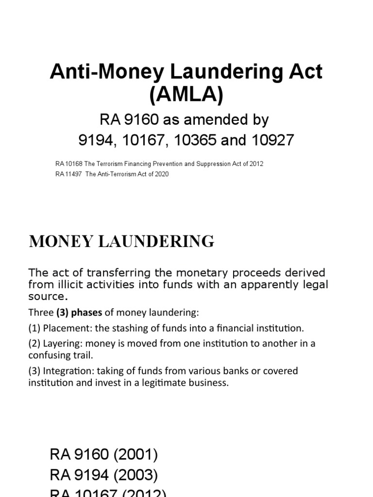 Anti-Money Laundering Act (AMLA) : RA 9160 As Amended by 9194, 10167 ...