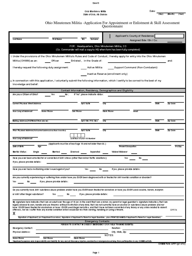 Ohio Minutemen Militia Application Form | PDF | Military Discharge ...