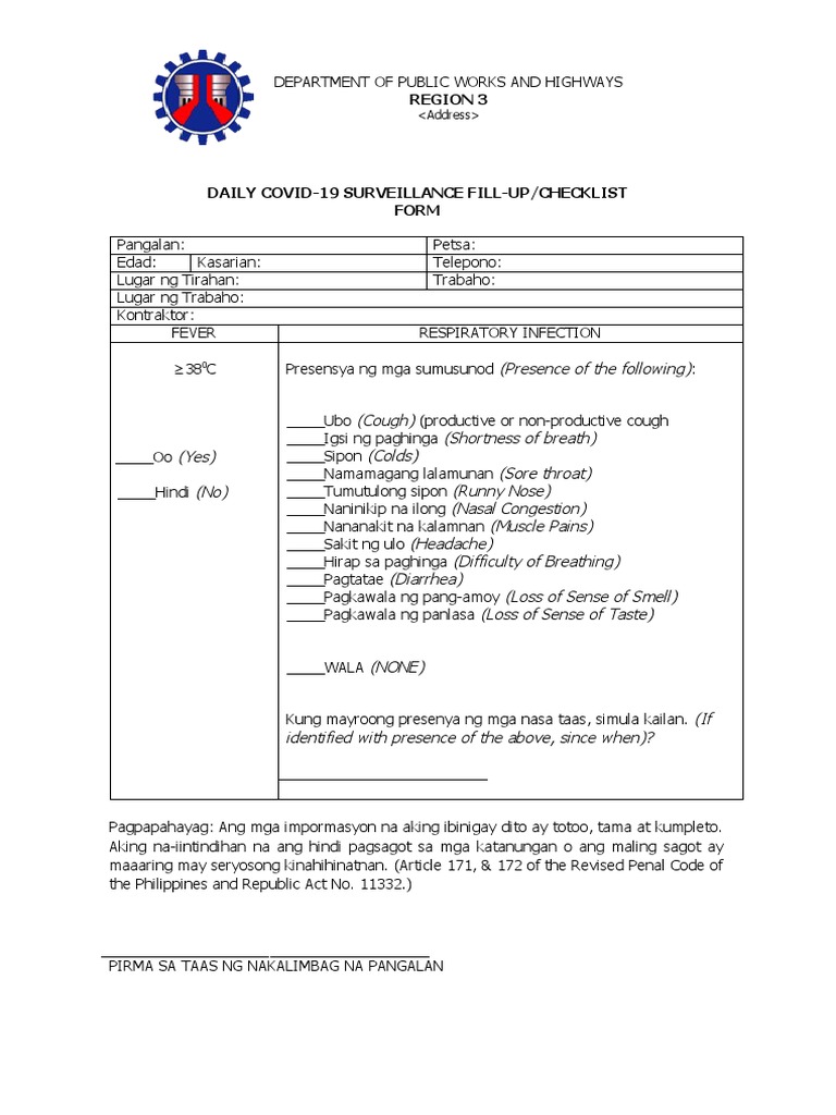 DPWH Daily Surveillance Form | PDF