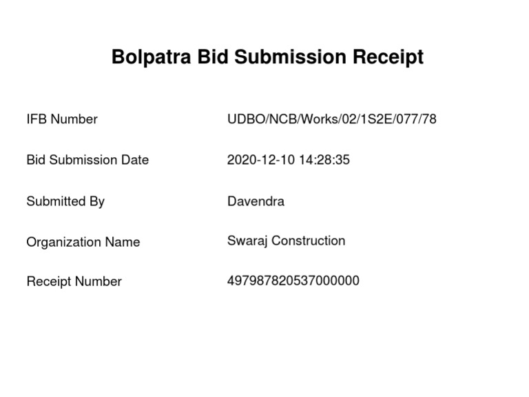 Bid Submission Receipt - UDBO - NCB - Works - 02 - 1S2E - 077 - 78 PDF ...