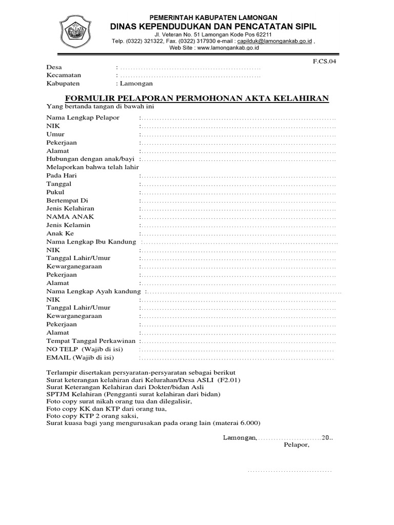 F.CS - .04 Formulir Laporan Permohonan Akta Kelahiran | PDF