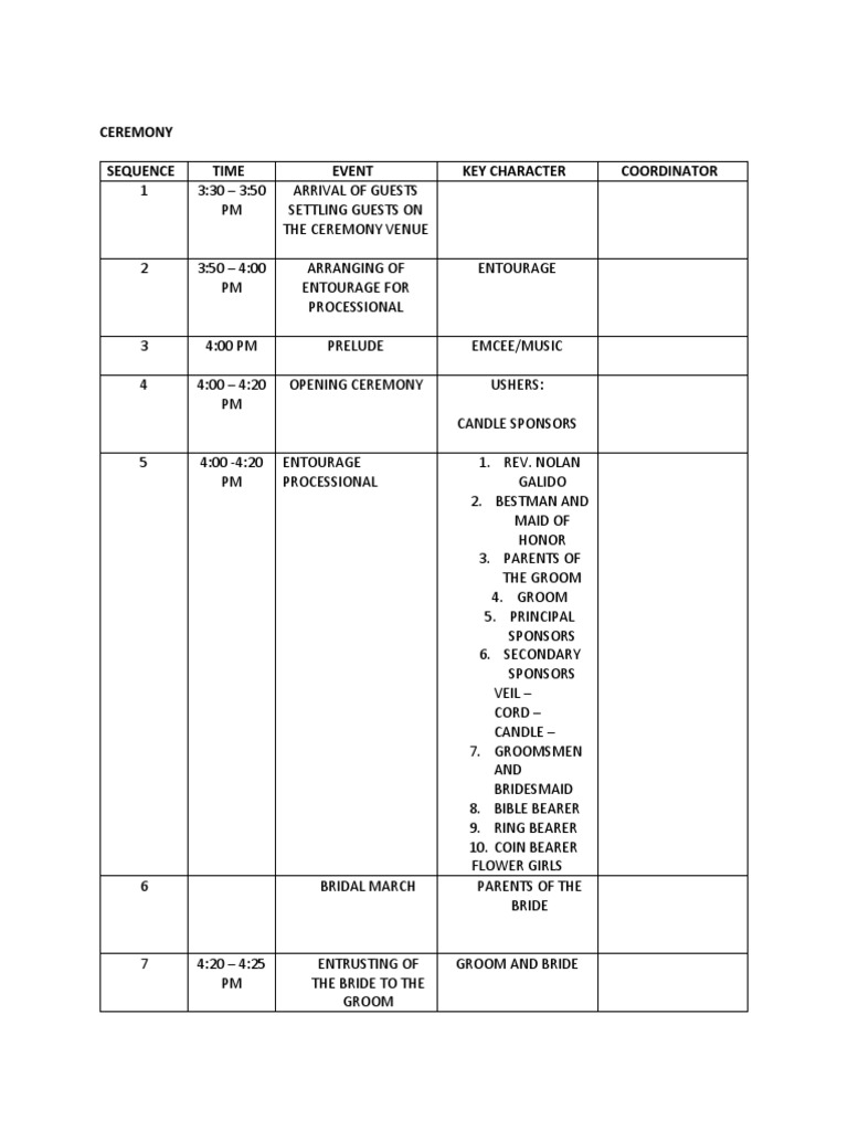 Ceremony Sequence Time Event Key Character Coordinator | PDF ...