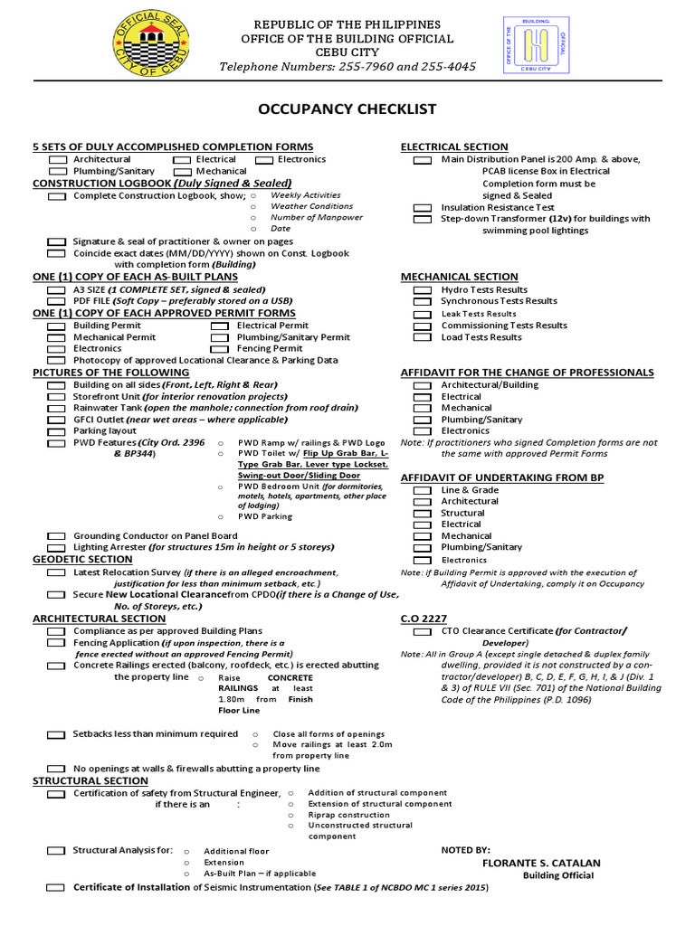 Occupancy Checklist: Telephone Numbers: 255-7960 and 255-4045 | PDF ...