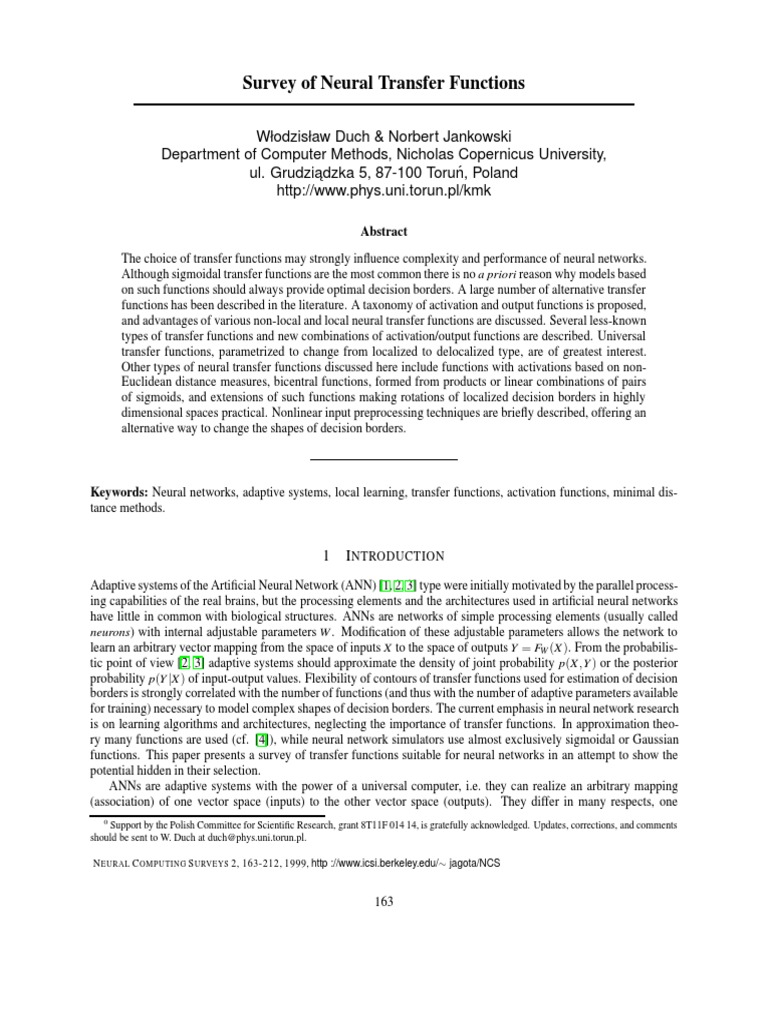 Survey of Neural Transfer Functions | PDF | Artificial Neural Network | Function (Mathematics)