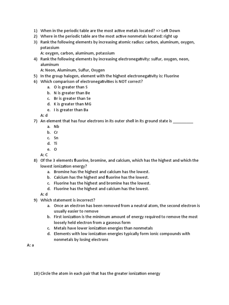 Periodic Table Trend Quiz | PDF | Periodic Table | Ion
