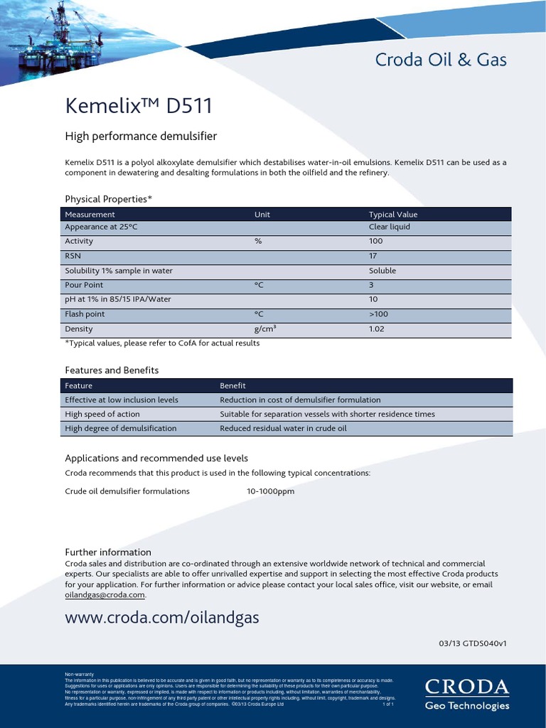 Kemelix™ D511: High Performance Demulsifier | PDF | Emulsion | Chemistry