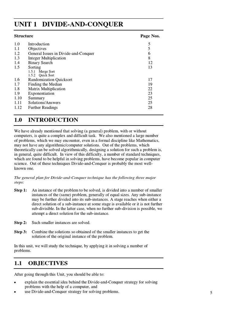 Unit 1 Divide-And-Conquer: Structure Page Nos | PDF | Algorithms And Data Structures | Discrete ...
