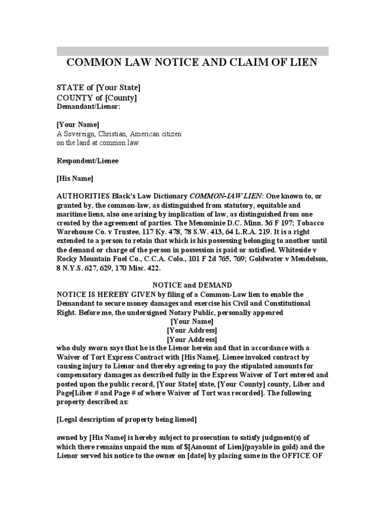Common Law Notice and Claim of Lien: STATE of (Your State) COUNTY of ...