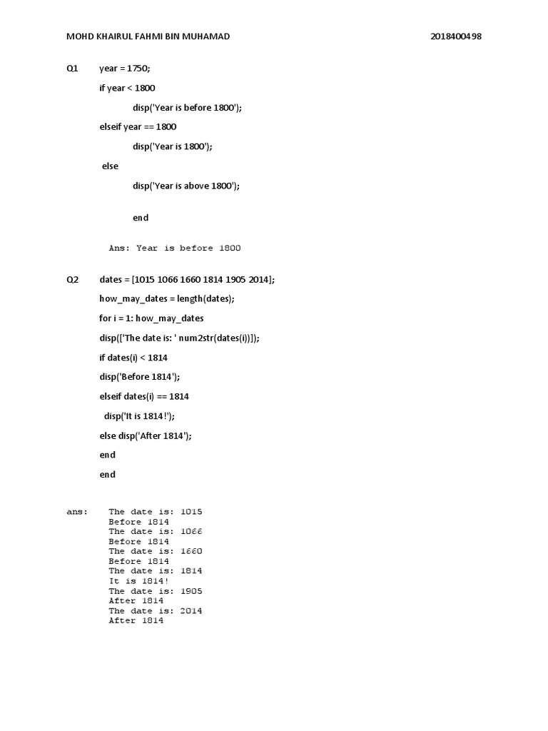 Analysis of a Student's MATLAB Assignments on Functions, Logic ...