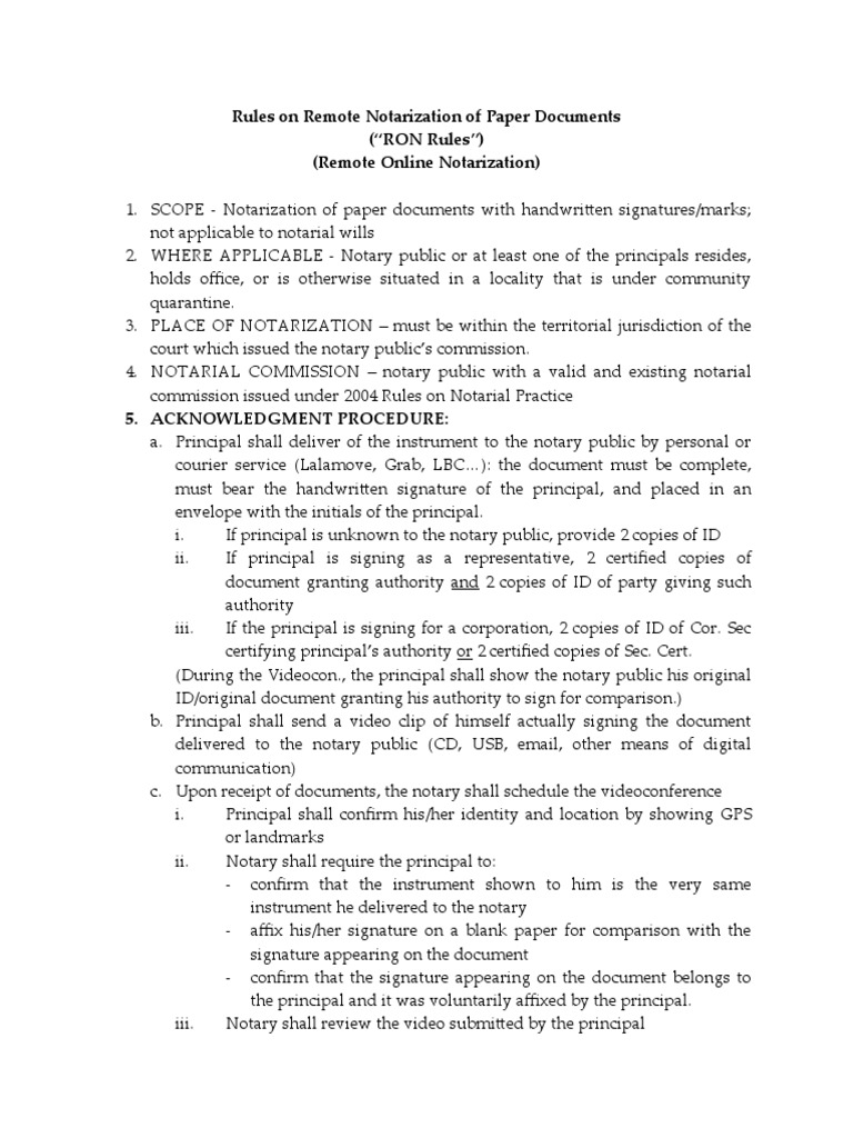 Rules On Remote Notarization of Paper Documents ("RON Rules") (Remote ...