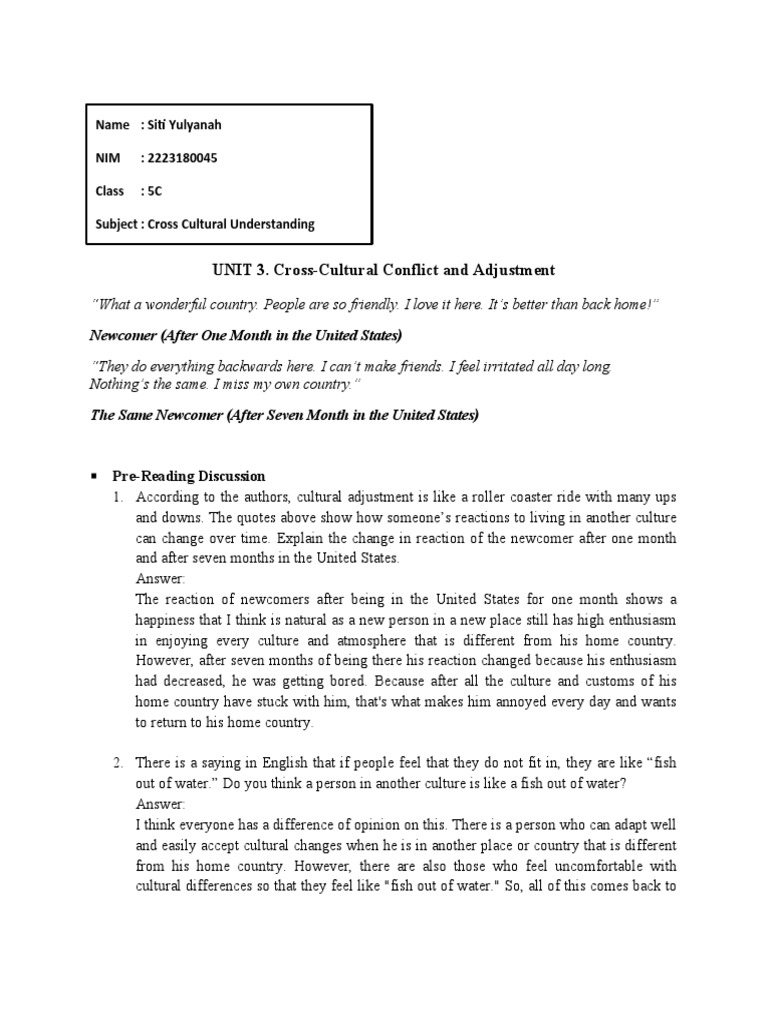 UNIT 3. Cross-Cultural Conflict and Adjustment | PDF | Speed Reading ...