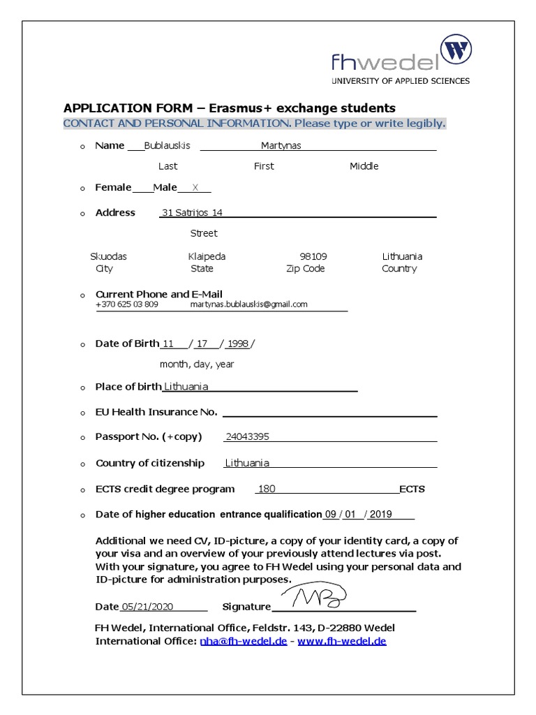 Erasmus+ Student Application Form | PDF