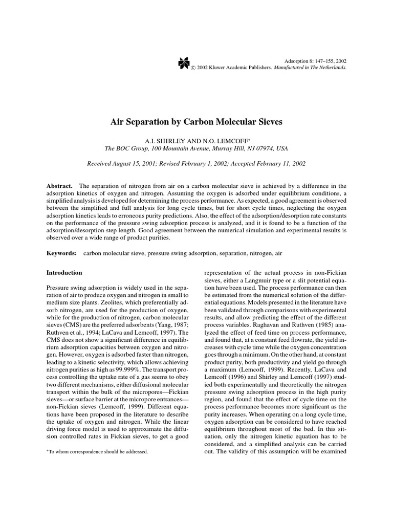 Air Separation by Carbon Molecular Sieves | PDF | Adsorption | Phases Of Matter
