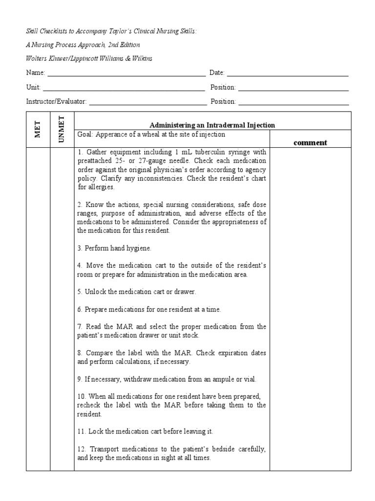 Skill Competence Checklists For ID | PDF | Injection (Medicine ...