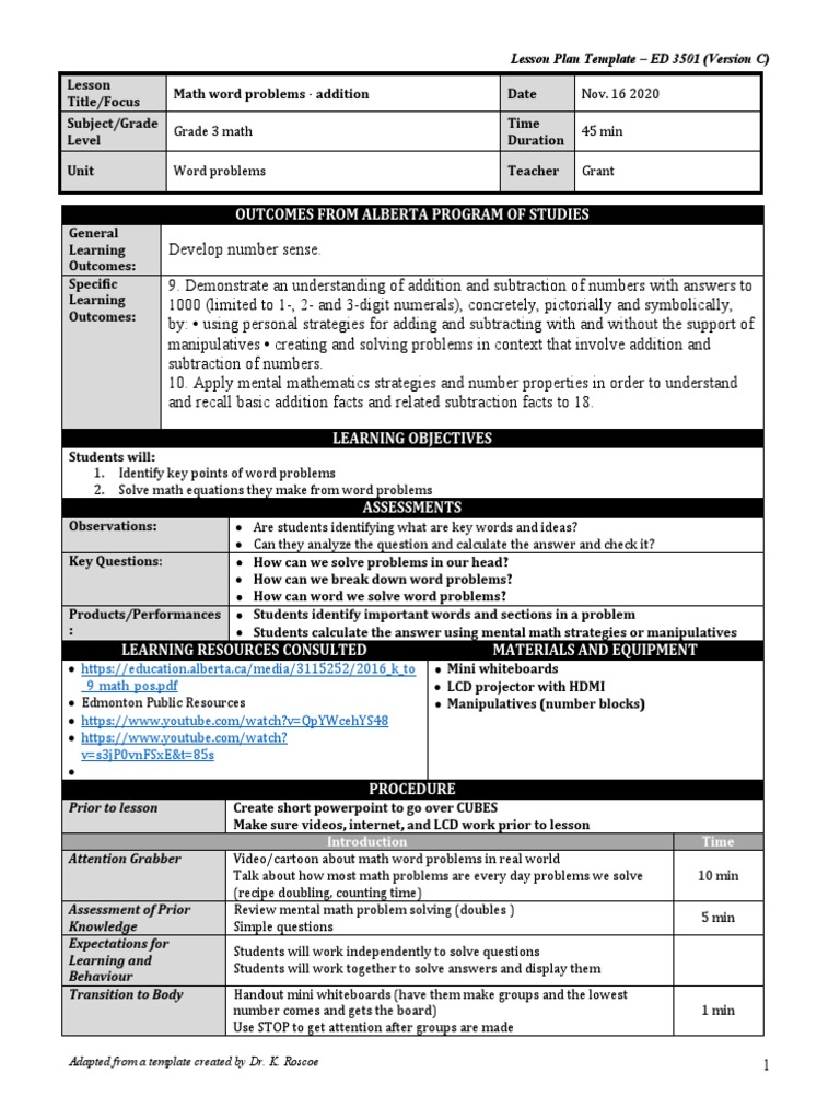 Grade 3 Math Word Problems - Addition Lesson Plan | PDF | Lesson Plan ...