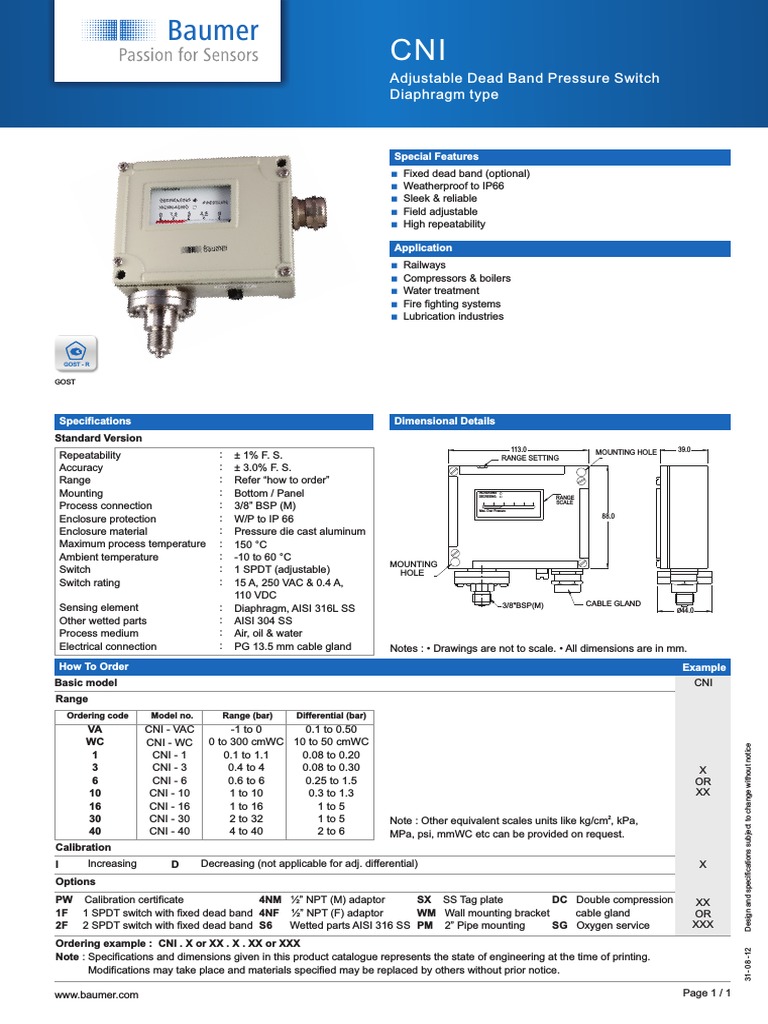Adjustable Dead Band Pressure Switch Diaphragm Type: Special Features ...