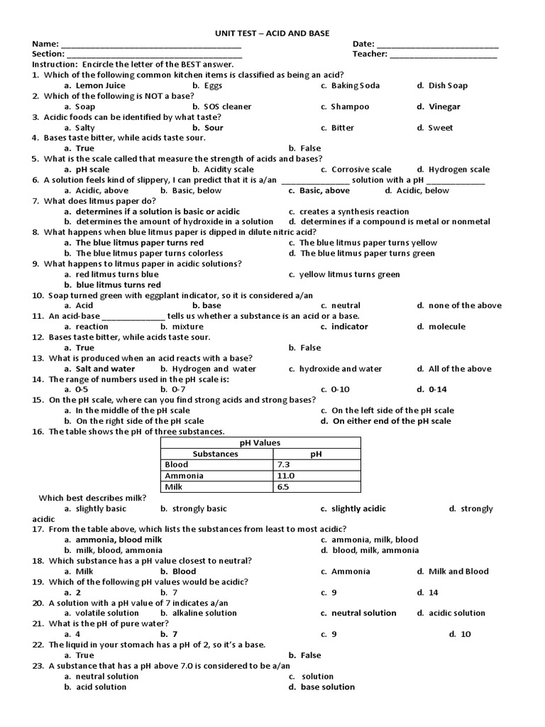 Acid and Base Unit Test Questions | PDF | Acid | Ph