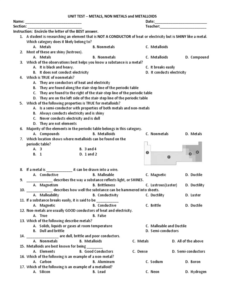 37 Metals Non Metals Metalloids Long Test | PDF | Metals | Periodic Table