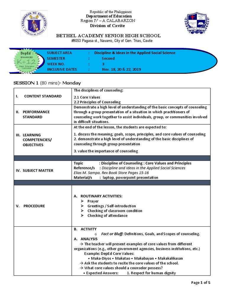 LESSON PLAN DIASS Week 3 | PDF | School Counselor | Value (Ethics)