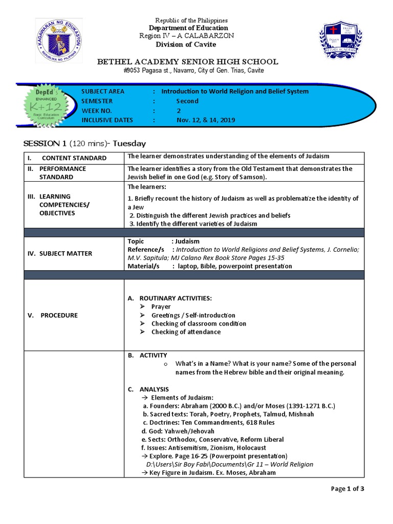 LESSON PLAN World Religion Week 2 | PDF | Hebrew Bible | Religious Faiths