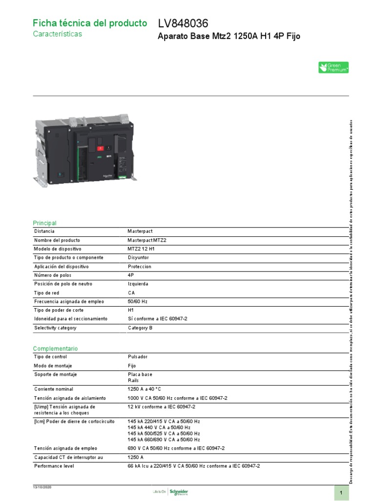 Disyuntor Masterpact MTZ2 1250A 4P | PDF | Ingeniería de Edificación ...