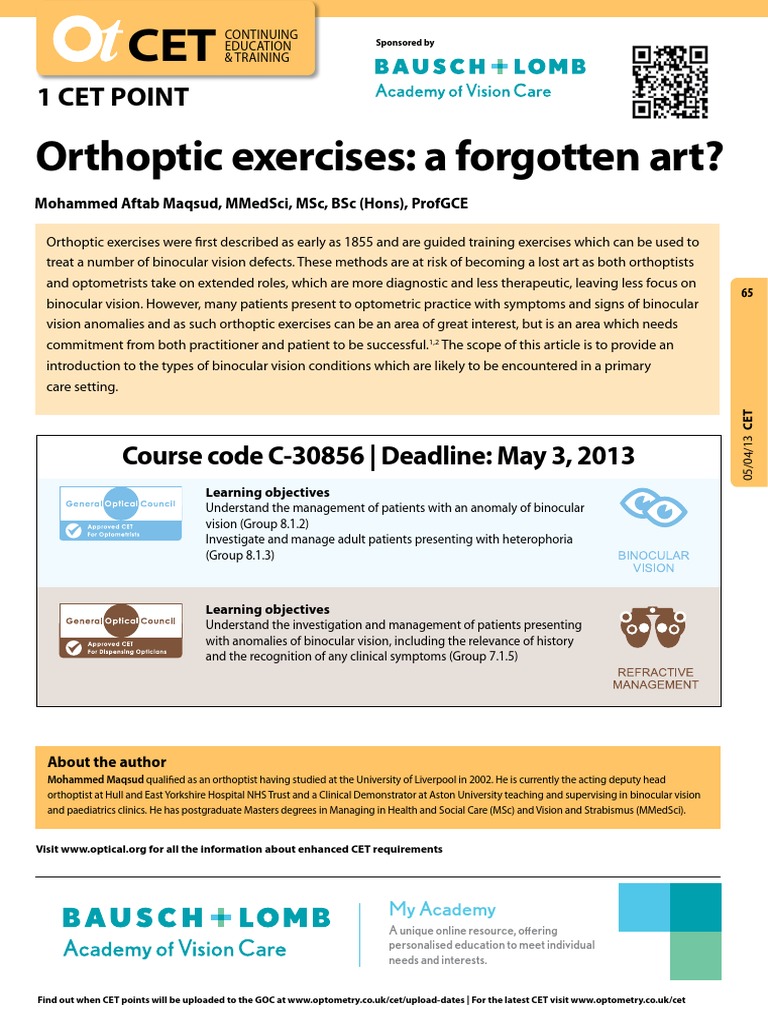 Orthoptic Exercises for Optometrists | PDF | Optometry | Vision