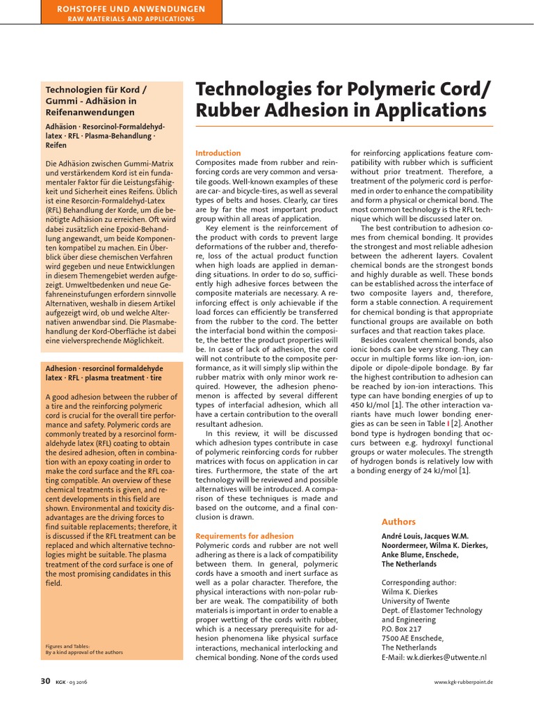 Technologies For Polymeric Cord-Adhesion | PDF | Epoxy | Plasma (Physics)
