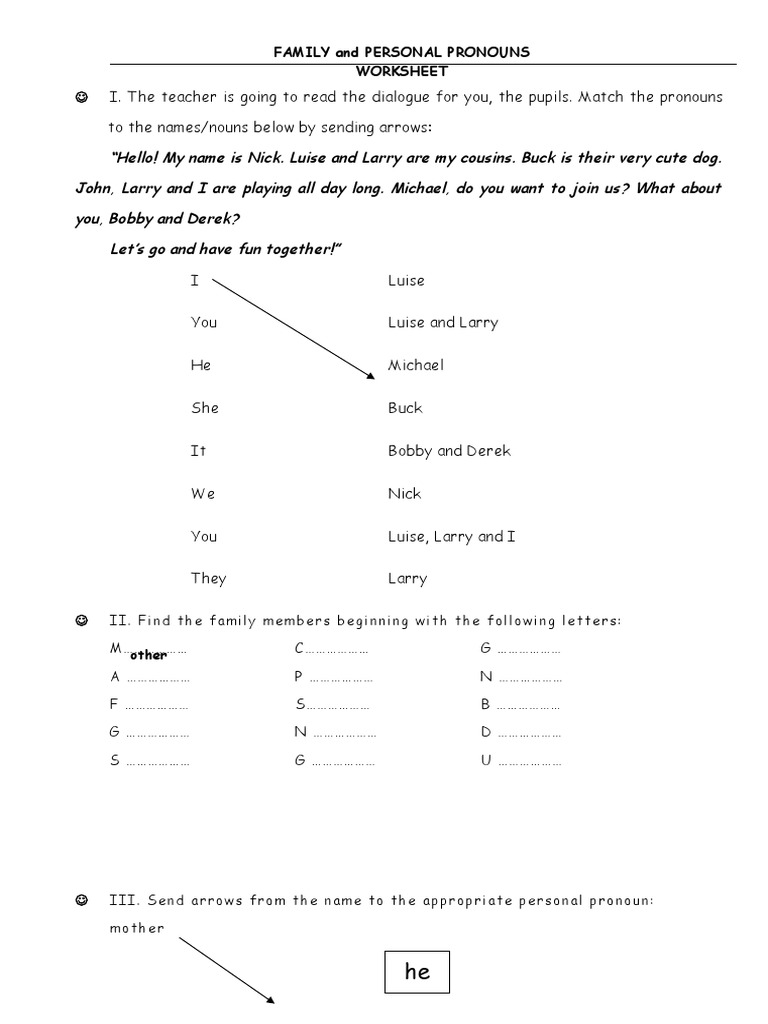 Family and Personal Pronouns Worksheet | PDF