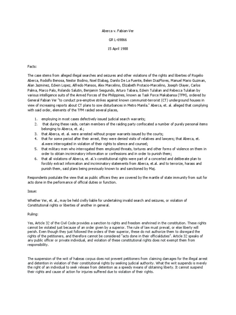 57 - Aberca v. Fabian-Ver - Digest | PDF | Rights | Writ