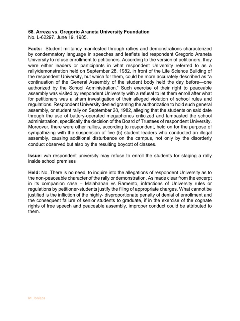 68 Arreza Vs Gregorio Araneta Univ PDF | PDF
