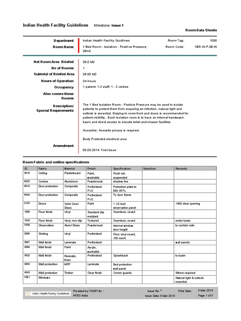 Indian Health Facility Guidelines: Room Data Sheets Department Room ...
