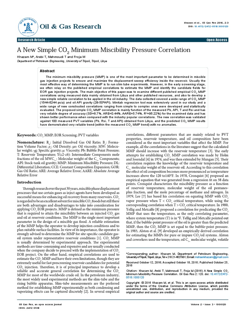 Oil & Gas Research: A New Simple CO Minimum Miscibility Pressure ...