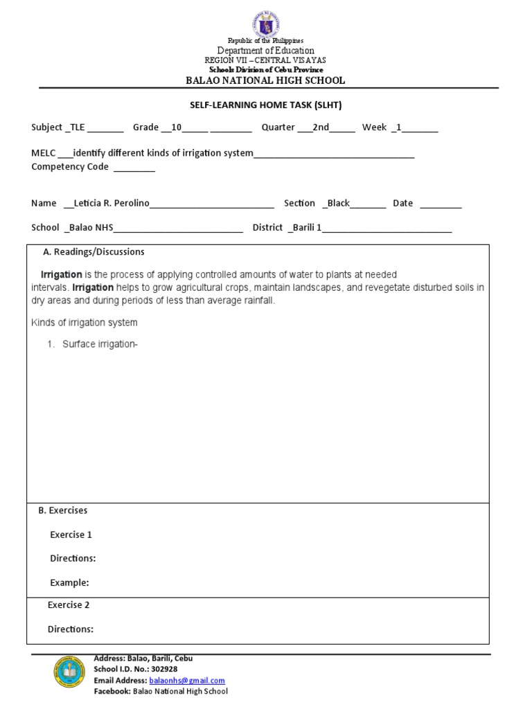 Self-Learning Home Task (SLHT) : Balao National High School | PDF ...