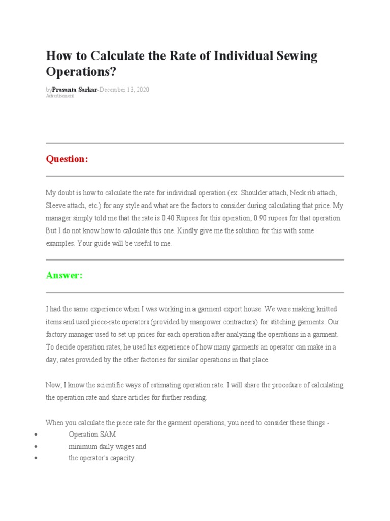 How To Calculate The Rate of Individual Sewing Operations | Download ...