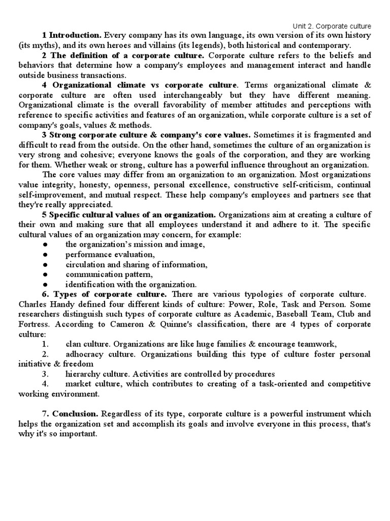 Unit 2. Corporate Culture | PDF | Organizational Culture ...
