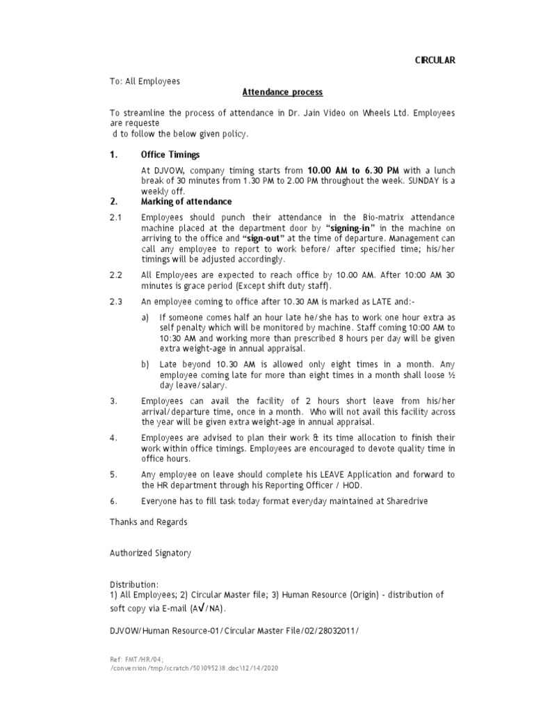Circular About Office Timing | PDF | Business | Employment