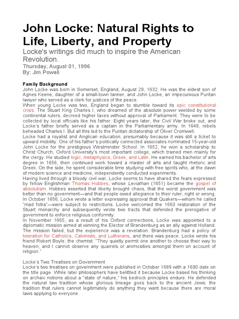 John Locke: Natural Rights To Life, Liberty, and Property: Locke's ...