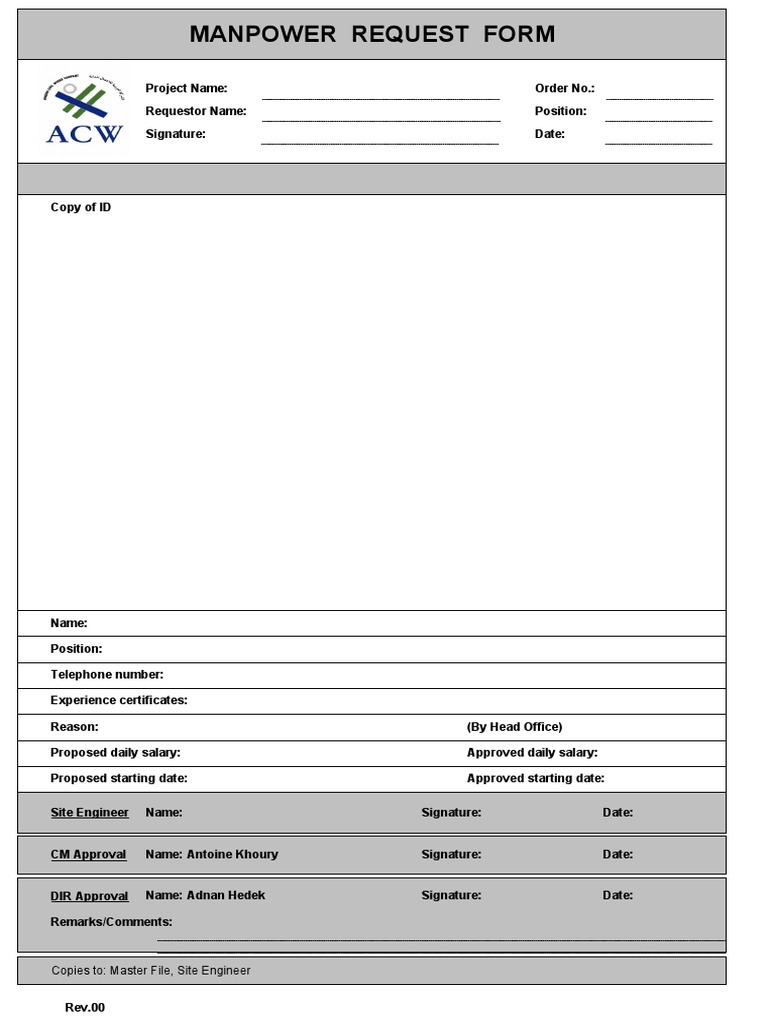 Manpower Request Form: Copies To: Master File, Site Engineer | PDF