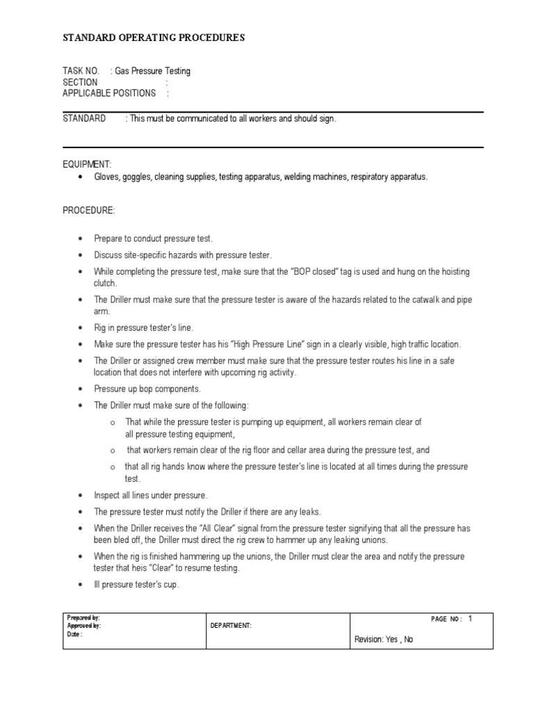 SOP For Pressure Testing | Download Free PDF | Equipment | Manufactured ...