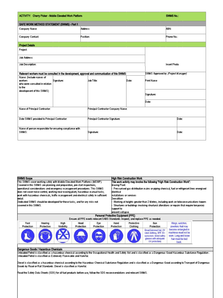 SWMS Cherry Picker | PDF | Personal Protective Equipment | Occupational ...
