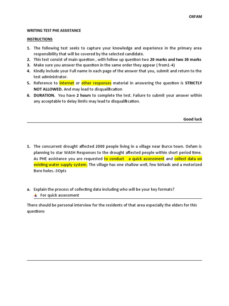 Written Test PHE Assistance Oxfam | PDF | Wash | Solar Panel