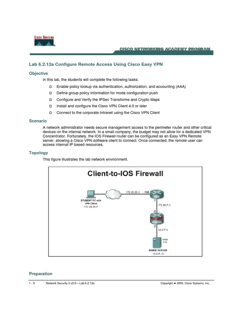 Lab 6.2.12a Configure Remote Access Using Cisco Easy VPN: Objective ...