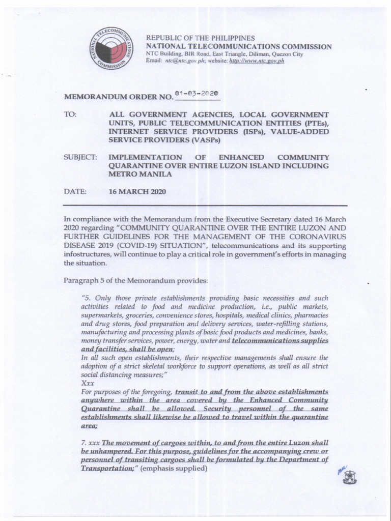 NTC Order on Enhanced Quarantine Measures | PDF | Business