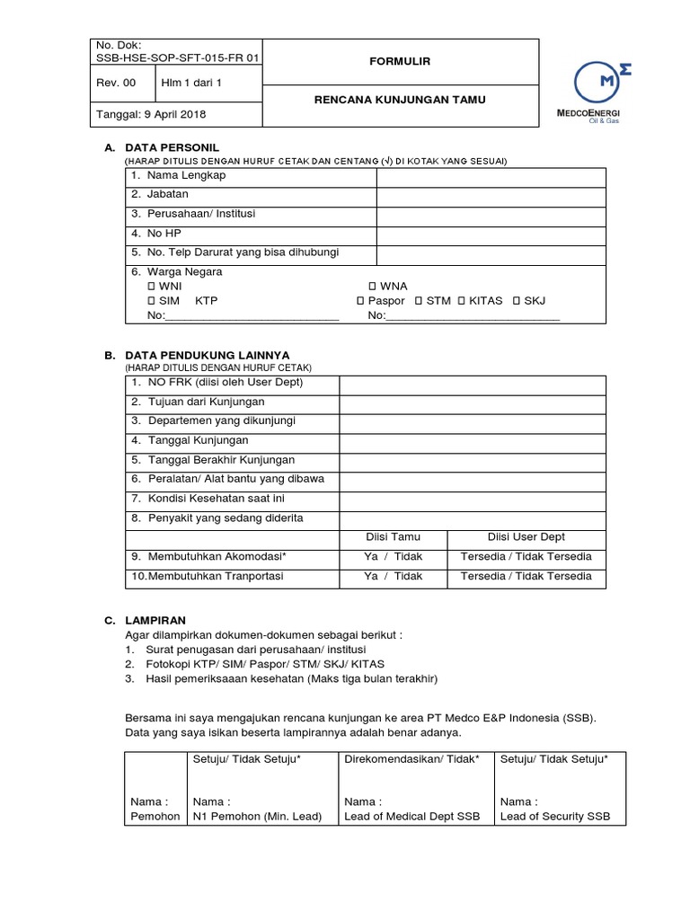SSB-HSE-SOP-SFT-015-FR 01 Formulir Rencana Kunjungan Tamu | PDF