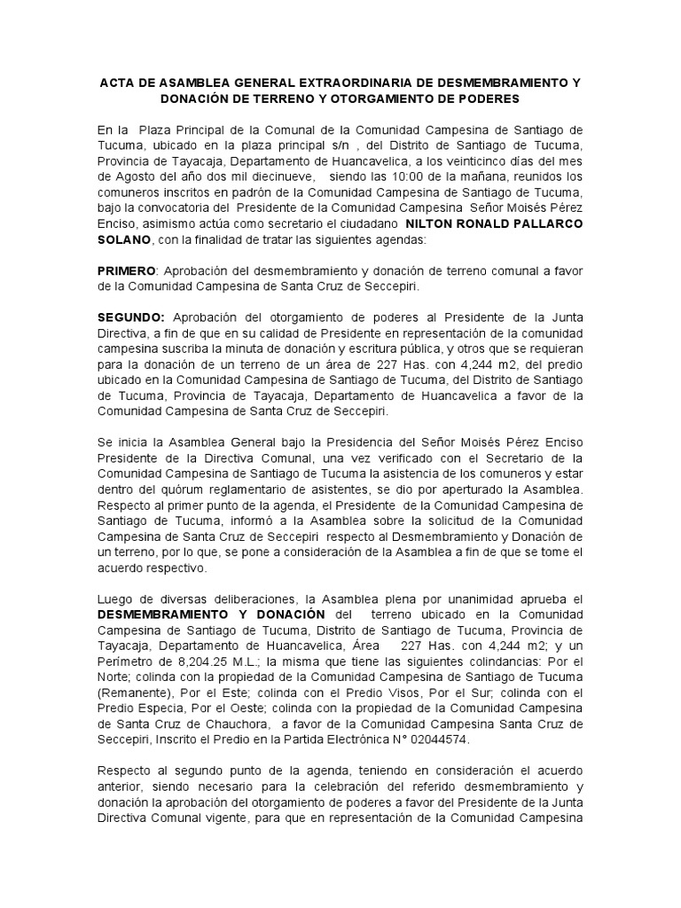 ACTA DE ASAMBLEA GENERAL EXTRAORDINARIA DE DESMEMBRAMIENTO Y DONACIÓN DE TERRENO Y OTORGAMIENTO ...