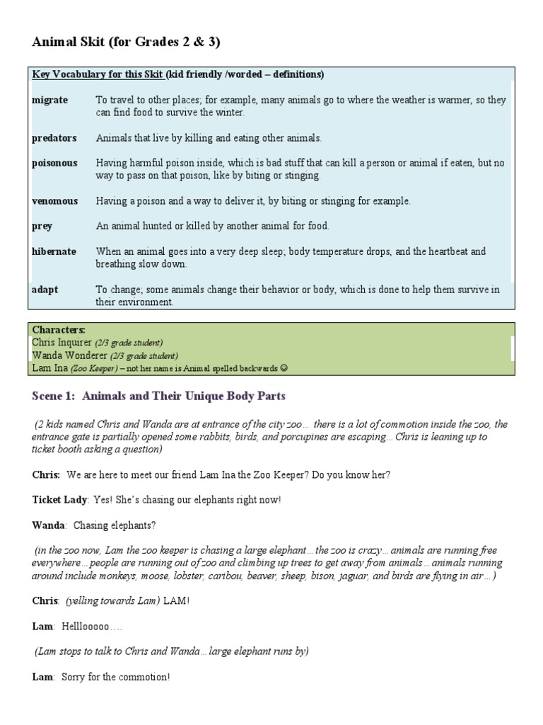 Animal Skit (For Grades 2 & 3) : Scene 1: Animals and Their Unique Body ...