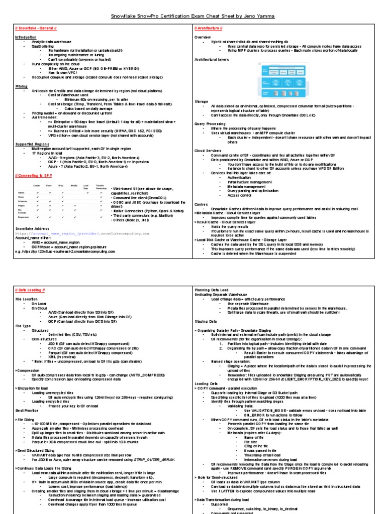 SnowPro Core Certification Cheat Sheet | PDF | Encryption | Table ...
